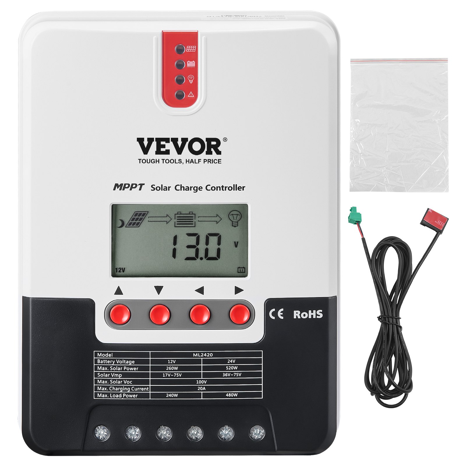 VEVOR 20A MPPT Solar Charge Controller Manual, 12V / 24V